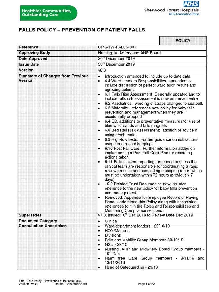 Falls Policy - Prevention of Patient Falls | PDF | Nursing | Hospital