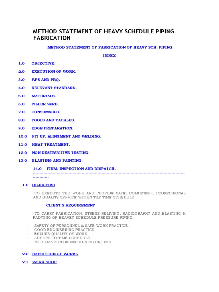 Method Statement of Heavy Schedule Piping Fabrication | PDF ...