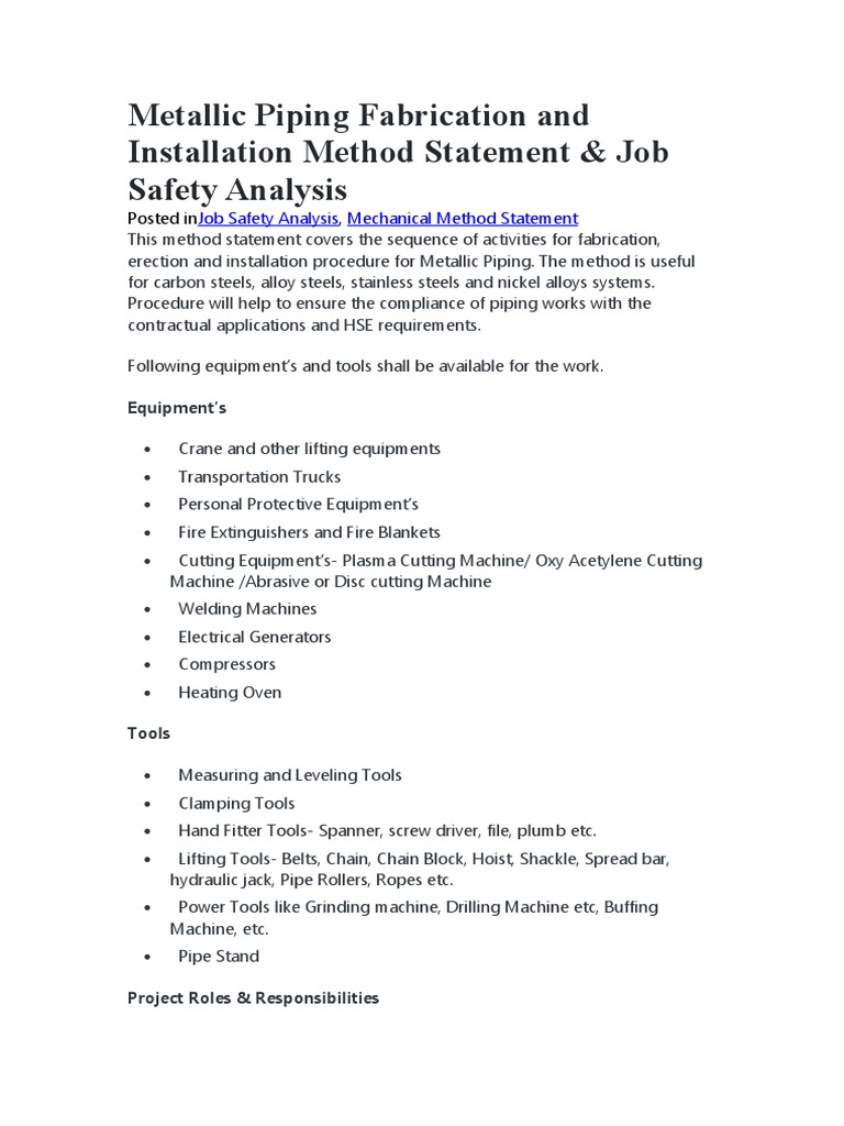 Metallic Piping Fabrication and Installation Method Statement & Job ...