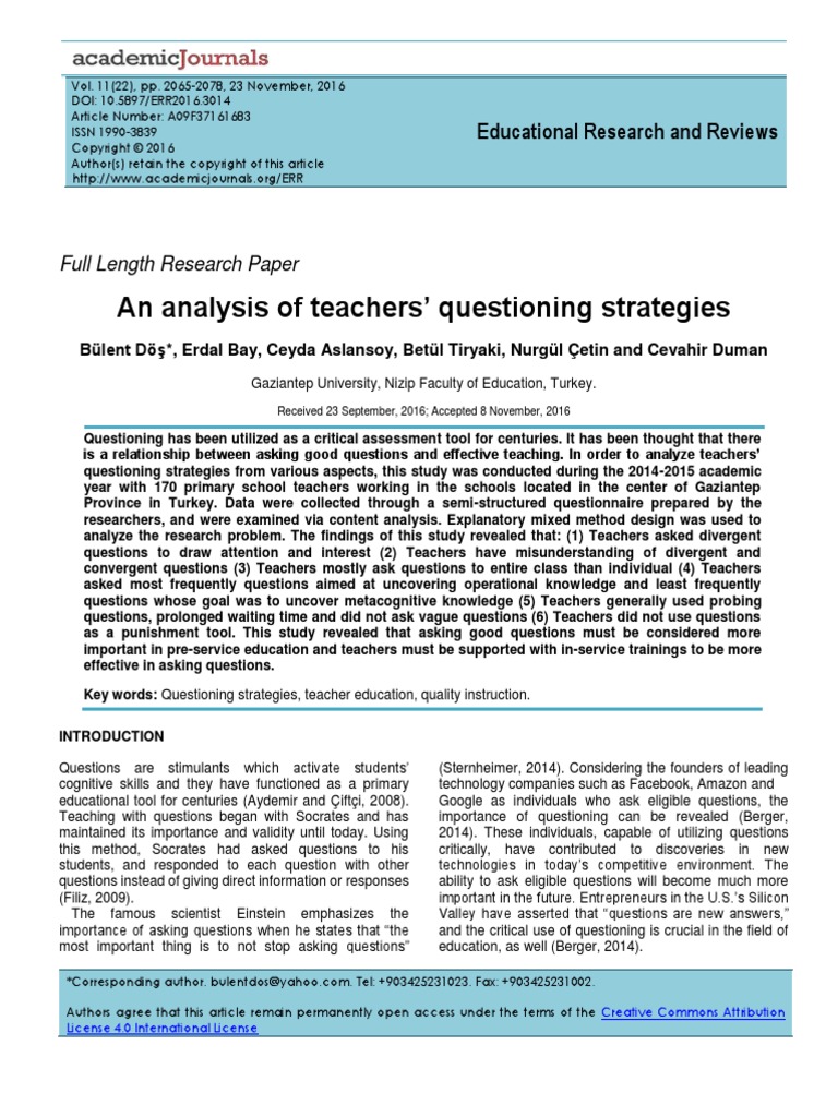 An Analysis of Teachers' Questioning Strategies: Full Length Research ...