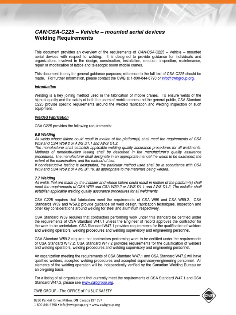 Welding Requirements: CAN/CSA-C225 - Vehicle - Mounted Aerial Devices | PDF | Welding | Construction
