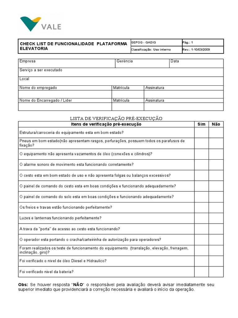 Check-List Uso Plataforma Elevatoria | PDF