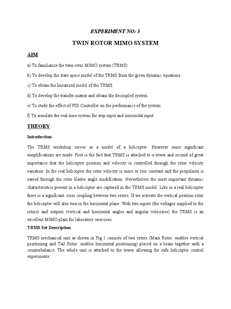 Twin Rotor Mimo System: Experiment No: 5 | PDF | Electric Motor | Torque