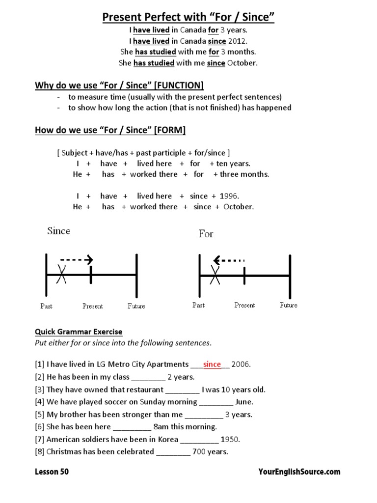 Why Do We Use "For / Since" (FUNCTION) : Quick Grammar Exercise | PDF