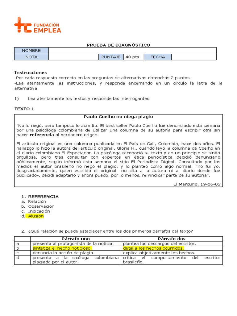 Prueba Diagnóstica (Comprensión Lectora) | PDF | neanderthal