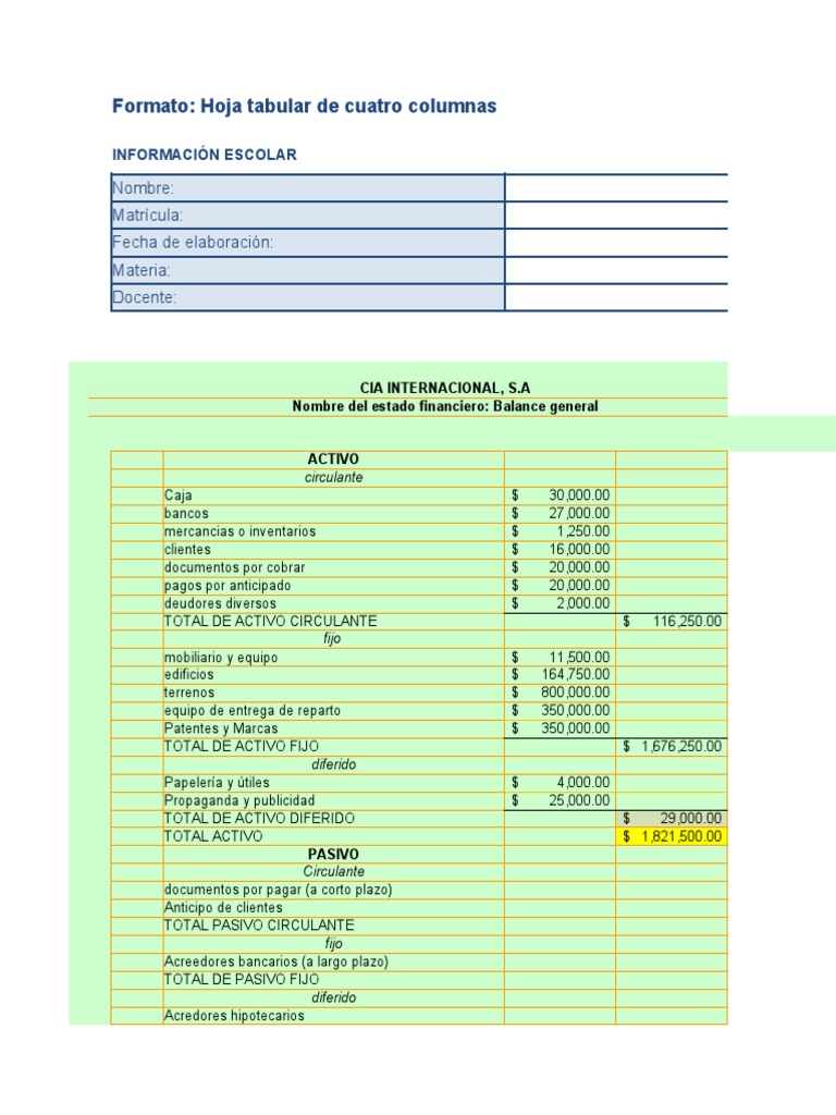 HojaTabularBalanceGeneral | PDF | Contabilidad | Hoja de balance