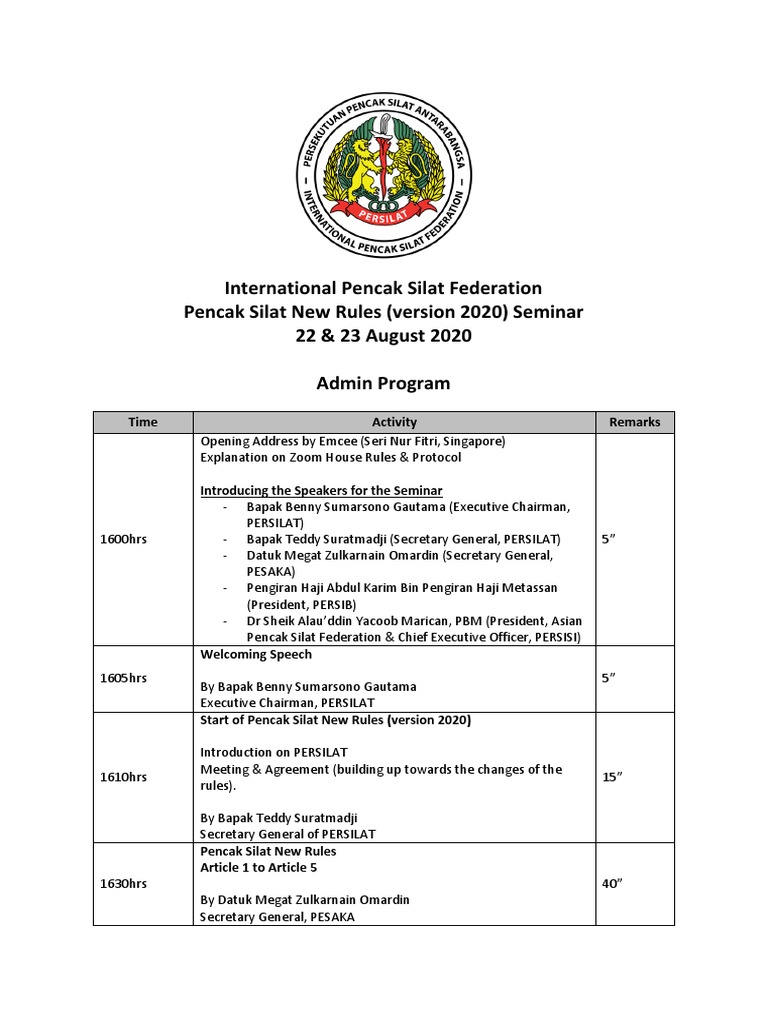 Admin Program - PERSILAT Pencak Silat New Rules Seminar | PDF | Malaysia