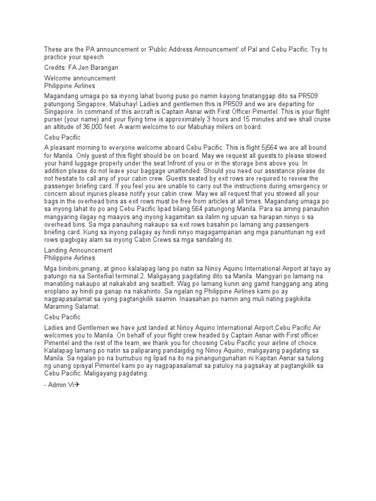 These Are The PA Announcement or | PDF | Airliner | Flight Attendant