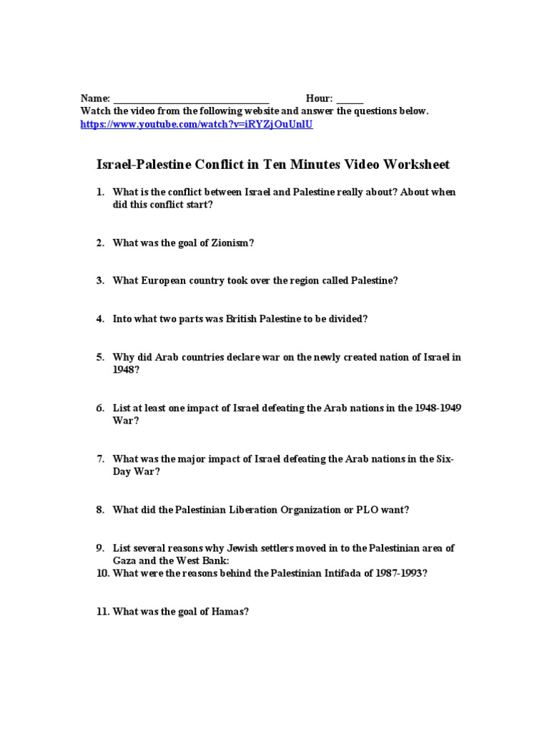 Israel-Palestine Conflict in Ten Minutes Video Worksheet | PDF ...