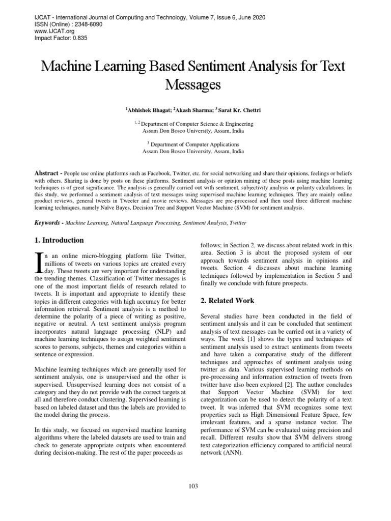Machine Learning Based Sentiment Analysis For Text Messages | PDF ...