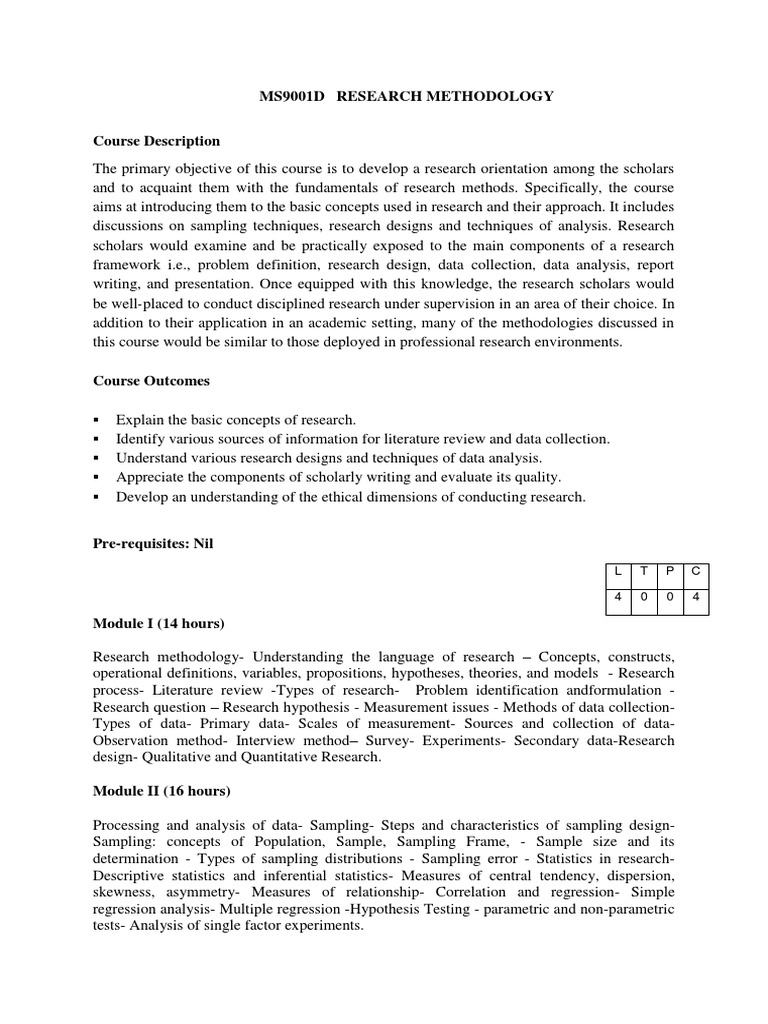 MS9001D Research Methodology Syllabus | PDF | Data | Mental Processes