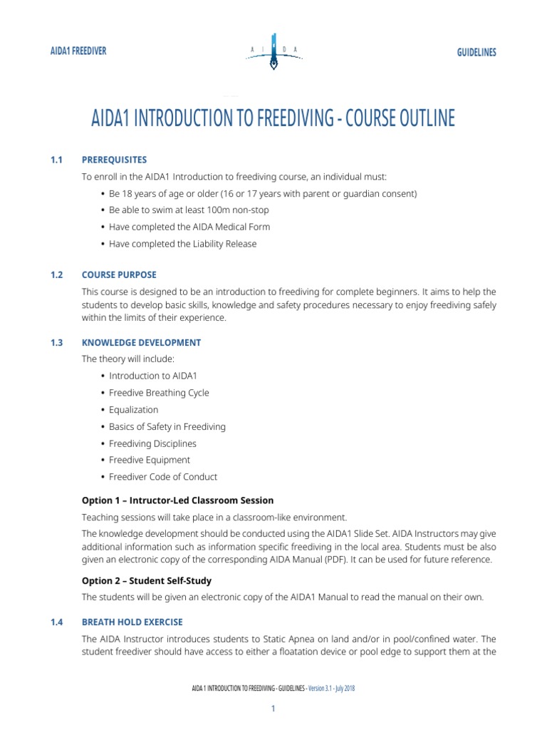 AIDA 1 Freediving Course Guidelines | PDF | Snorkeling | Underwater Diving