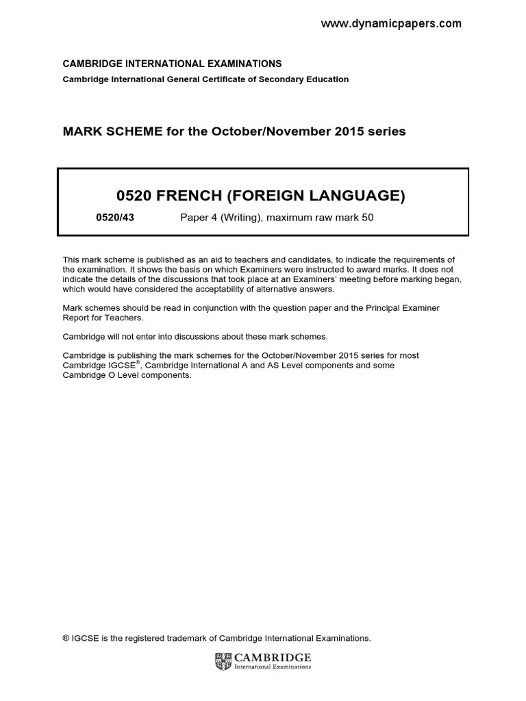 0520 French (Foreign Language) : MARK SCHEME For The October/November ...