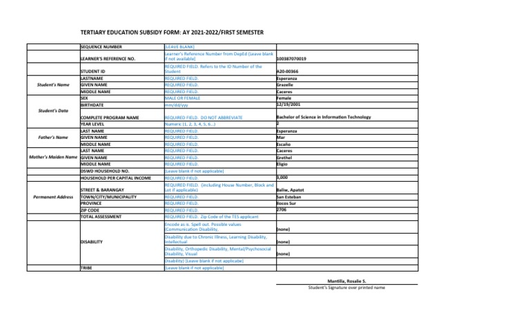 Tertiary Education Subsidy Form: Ay 2021-2022/first Semester | PDF