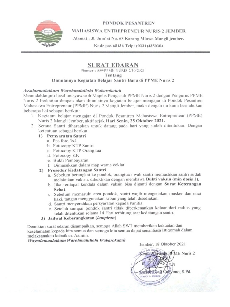 Surat Edaran Masuk Pondok Santri Baru PPME Nuris 2 2021 | PDF