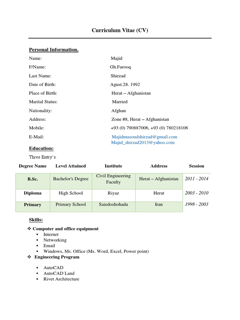 Curriculum Vitae (CV) : Personal Information | PDF | Afghanistan ...