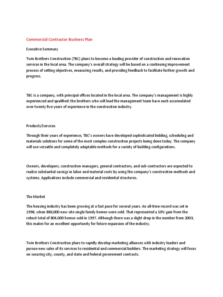 Commercial Contractor Business Plan Overview | PDF | Employment | Sales