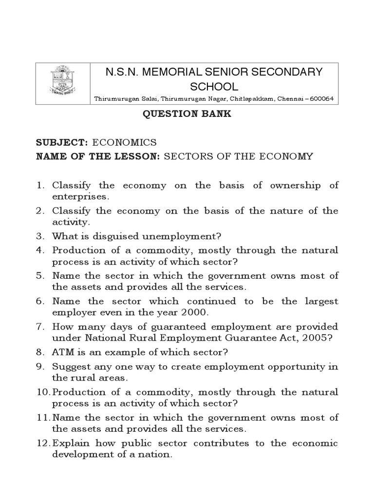 Question Bank Class 10 - Eco Ln.2 - Sectors of The Economy | PDF ...