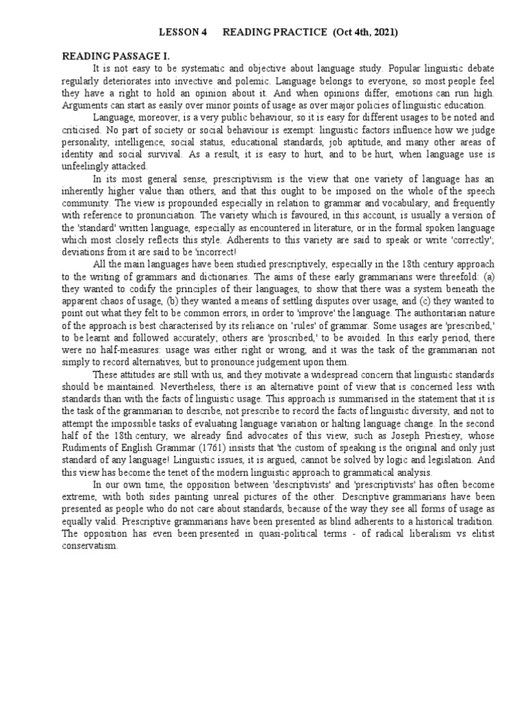 Lesson 4 Reading Practice (Oct 4Th, 2021) Reading Passage I | PDF ...