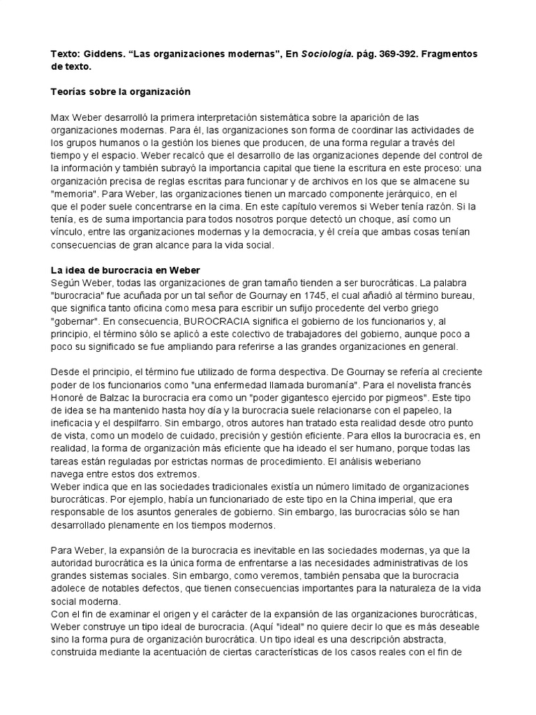 Texto Giddens. Las Organizaciones Modernas en Sociologia. Pag. 369-392. Fragmentos de Te | PDF ...