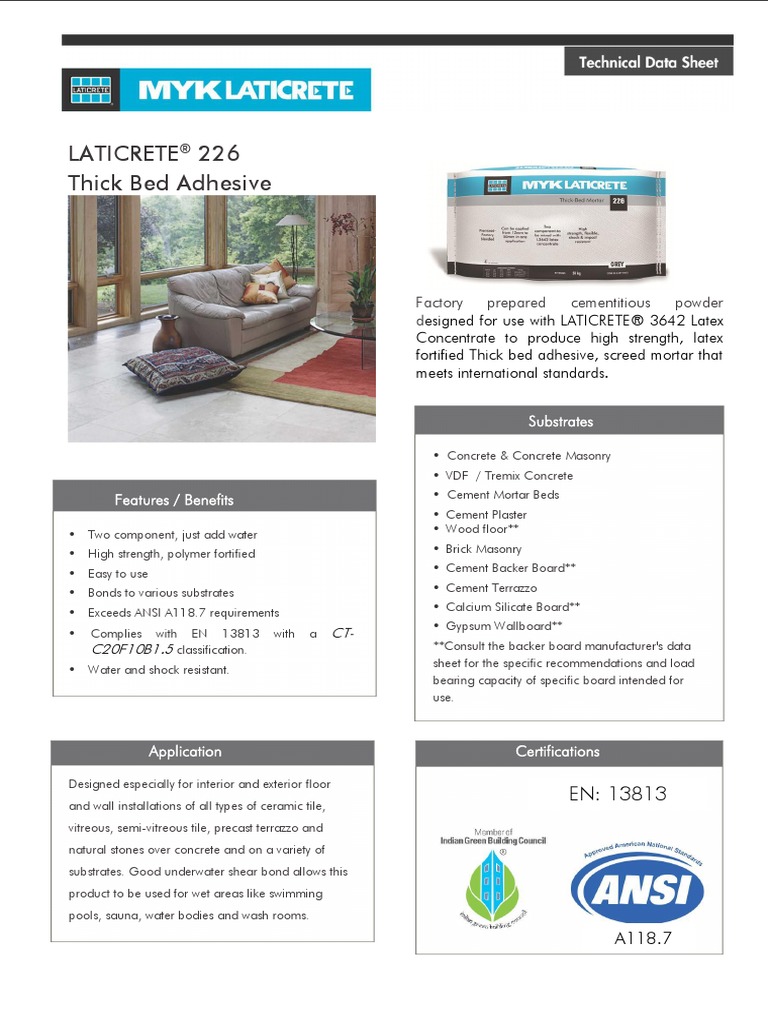 Laticrete 226 Thick Bed Adhesive: Technical Data Sheet | PDF | Concrete ...