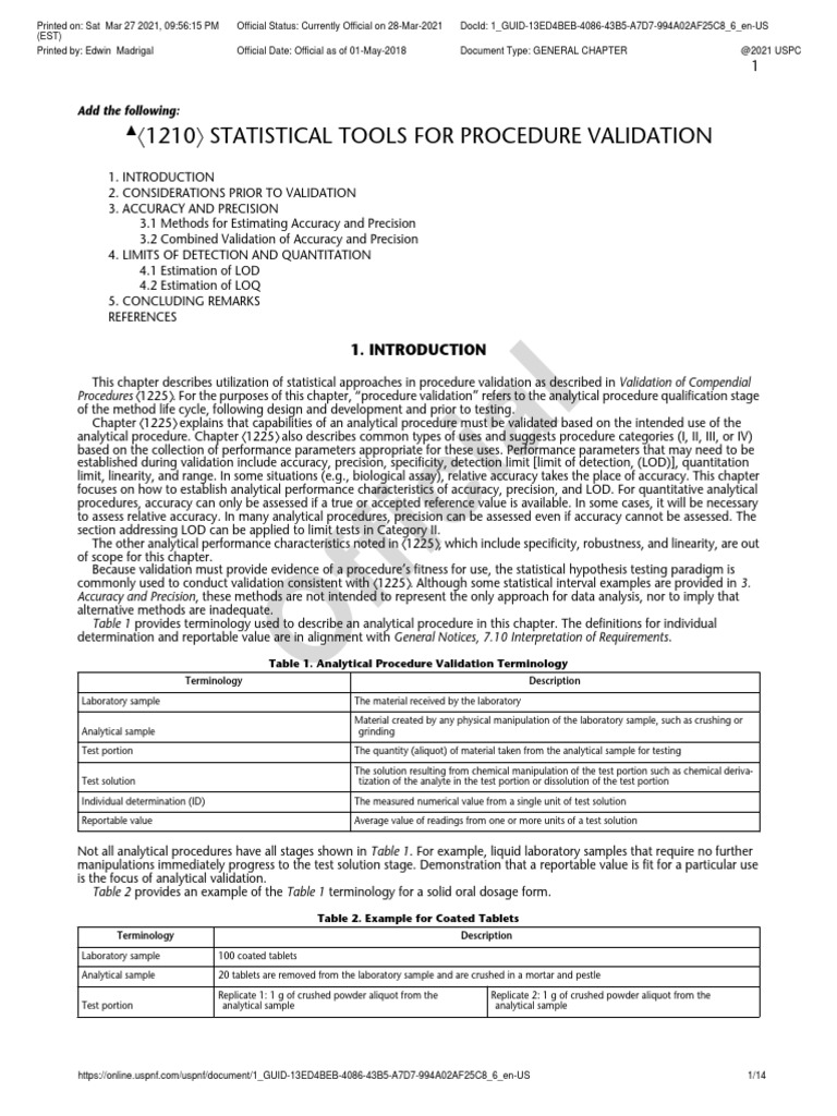 1210 Statistical Tools For Procedure Validation Usp | PDF | Confidence ...
