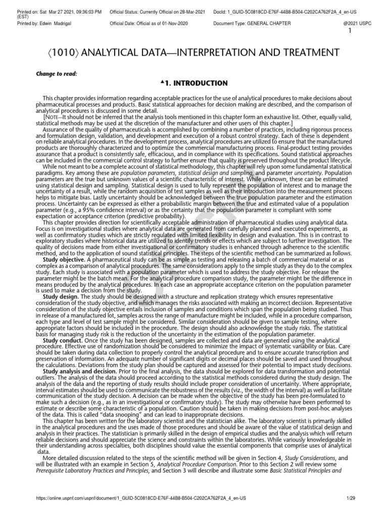 1010 Analytical Data-Interpretation and Treatment Usp | PDF ...