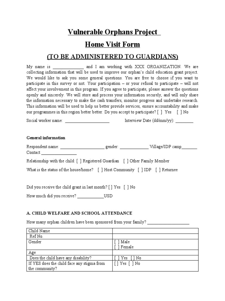 7.1 Vulnerable Orphans Children Project Home Visit Tool | PDF | Health ...