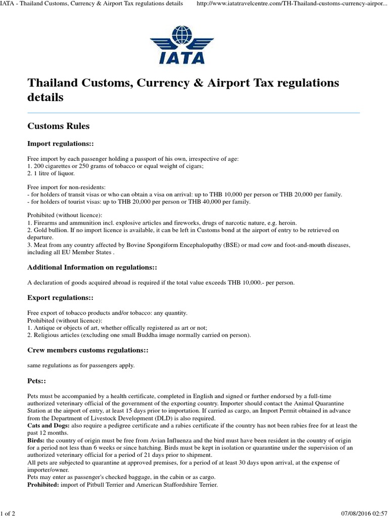 Thailand Customs, Currency & Airport Tax Regulations Details | PDF ...