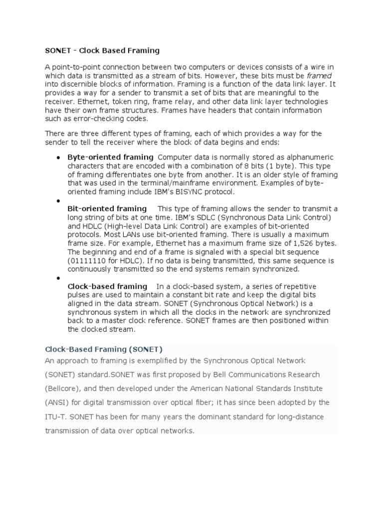 SONET Clock-Based Framing Guide | PDF | Information Age | Computer Architecture