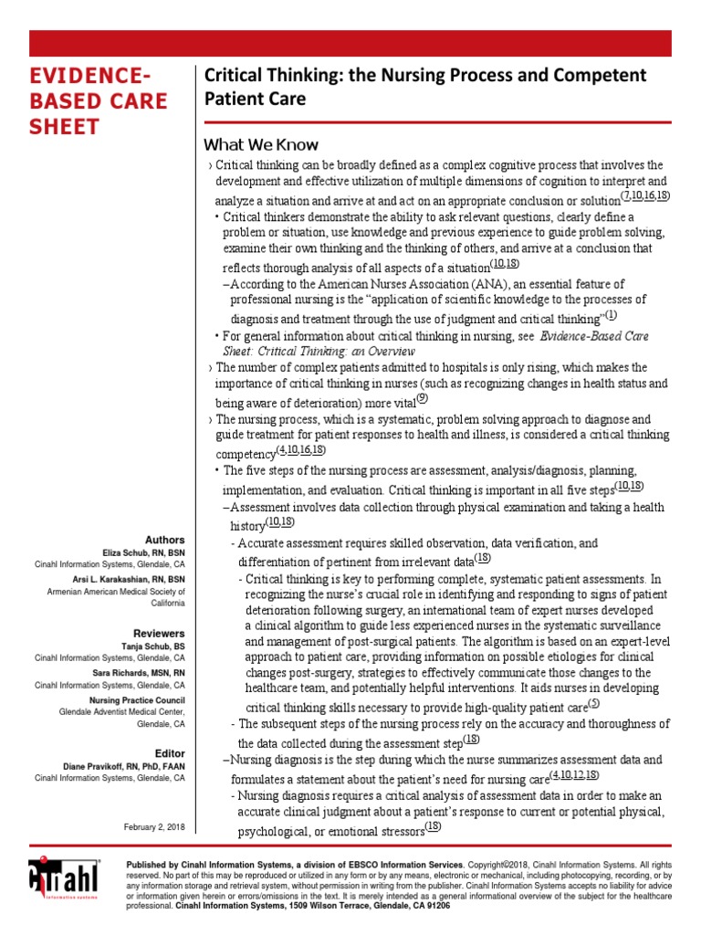 Evidence-Based Care Sheet: Critical Thinking: The Nursing Process and ...