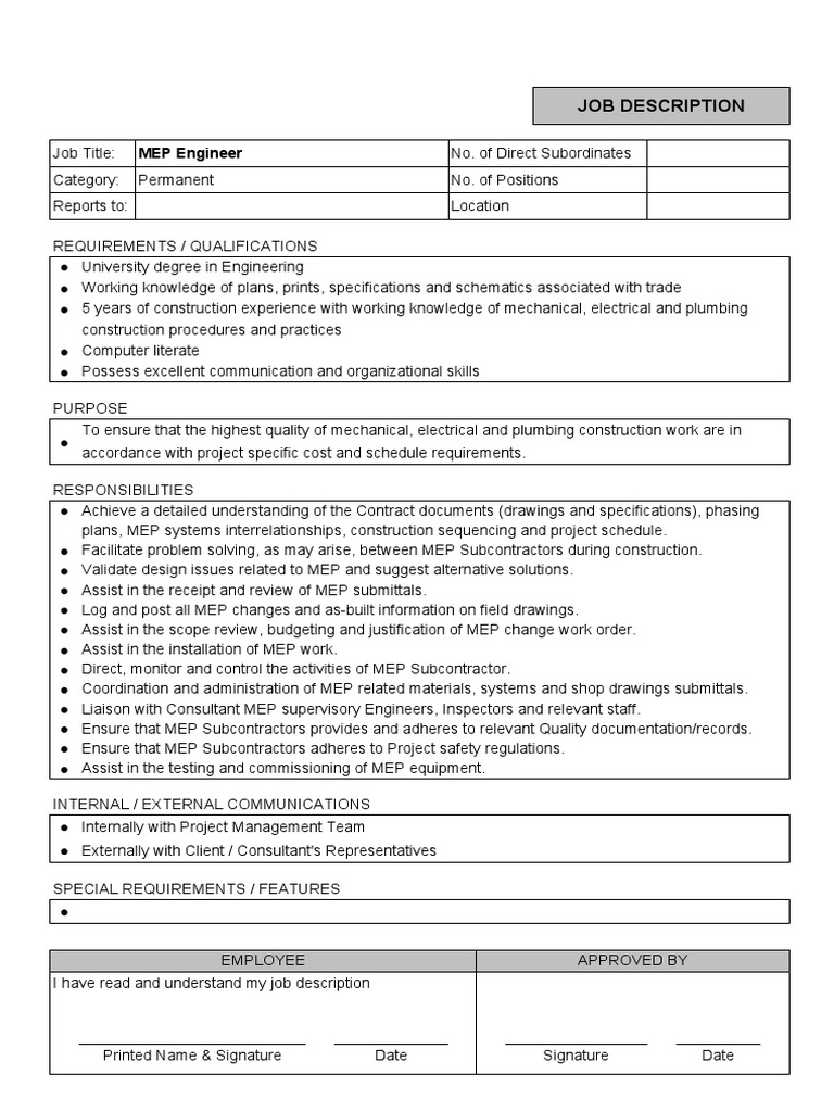 MEP Engineer Job Description | PDF