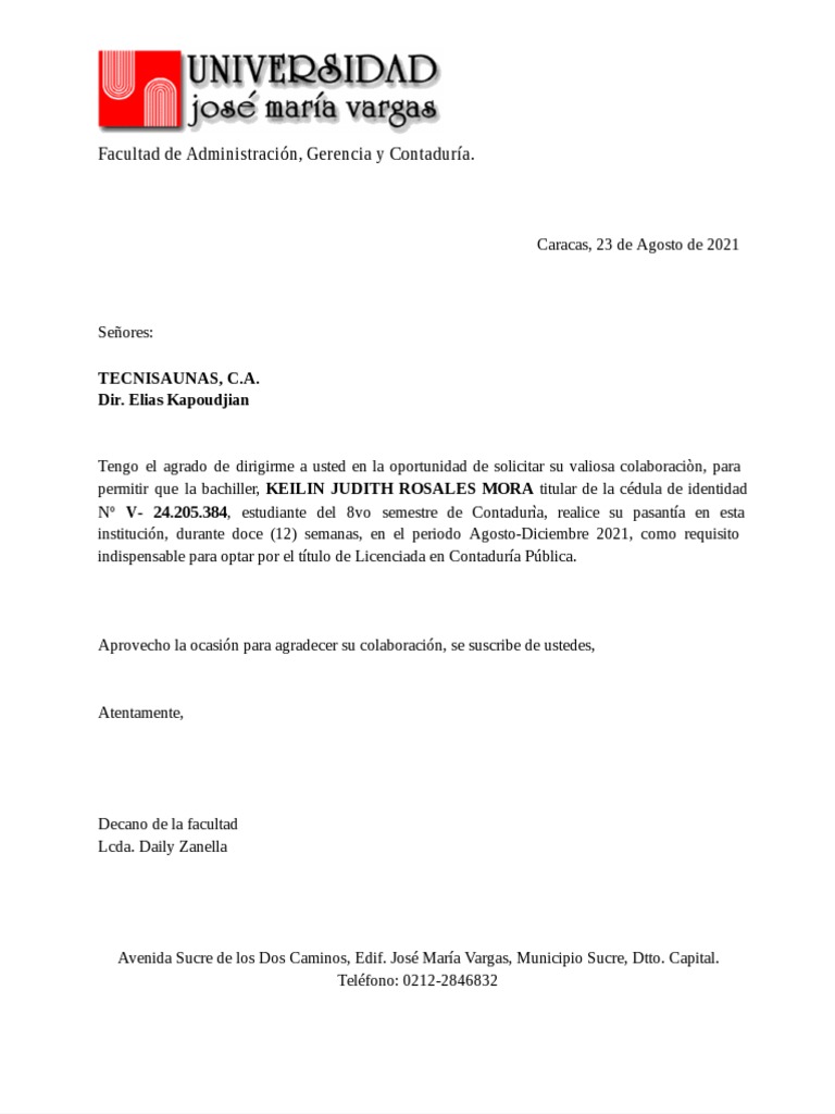 Modelo Carta de Aceptación Pasantías | PDF