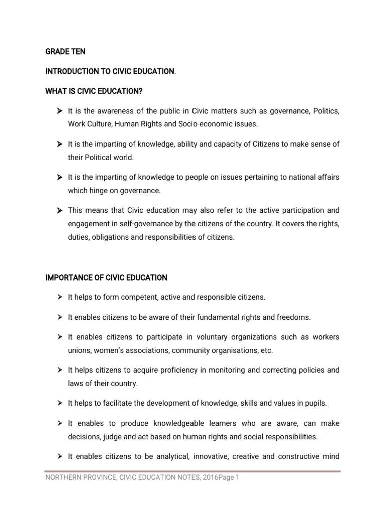 Civic Education Notes 10-12 NORTHERN | PDF