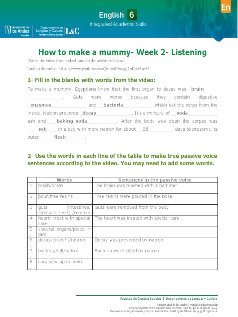 How to make a mummy - Week 2 listening activities | PDF