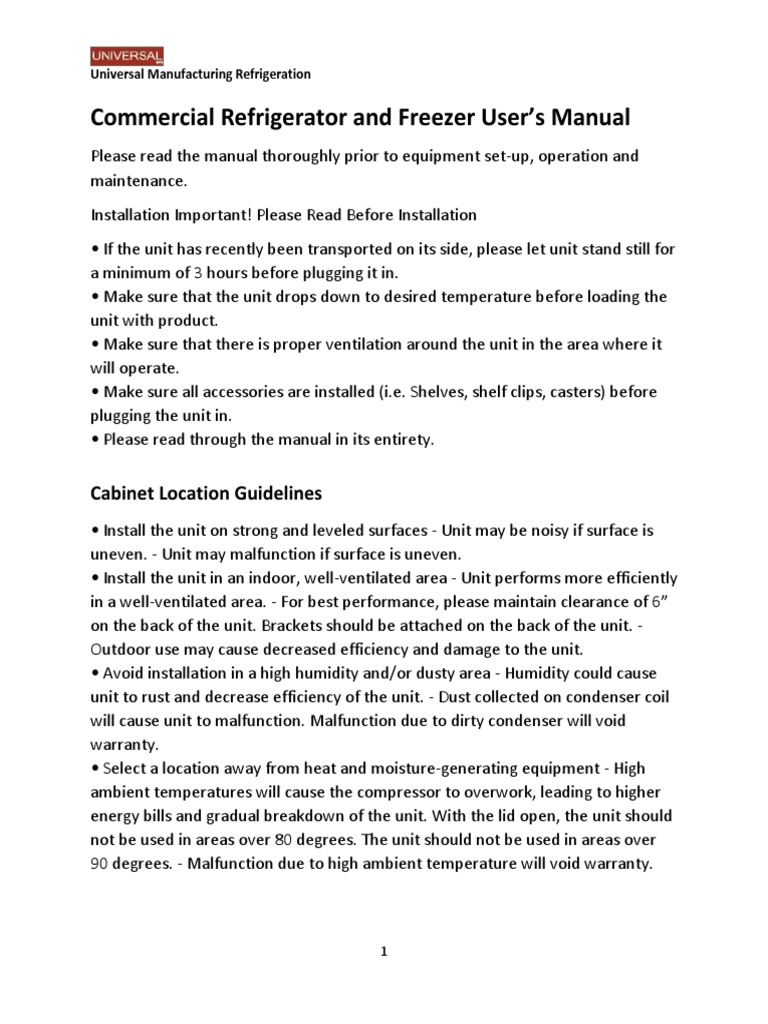 Commercial Refrigerator and Freezer User's Manual: Cabinet Location ...