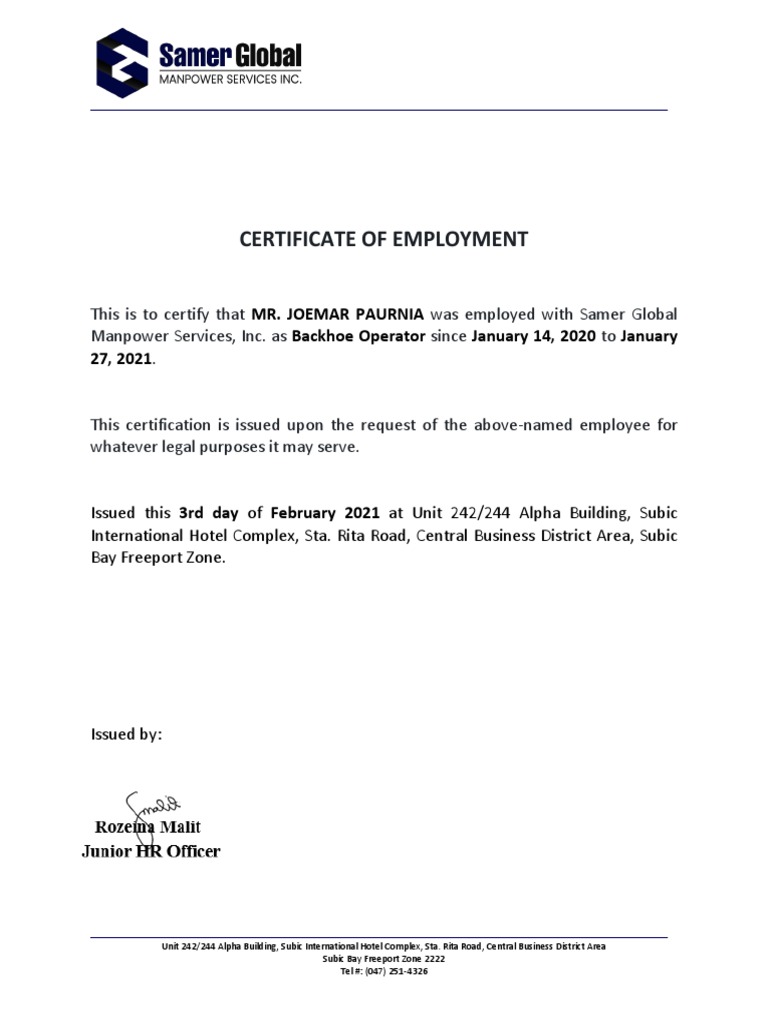 Certification of Employment for Mr. Joemar Paurinia as a Backhoe ...