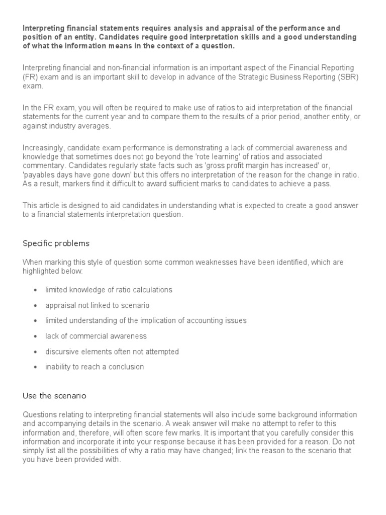 ACCA Interpreting Financial Statements Requires Analysis and Appraisal ...