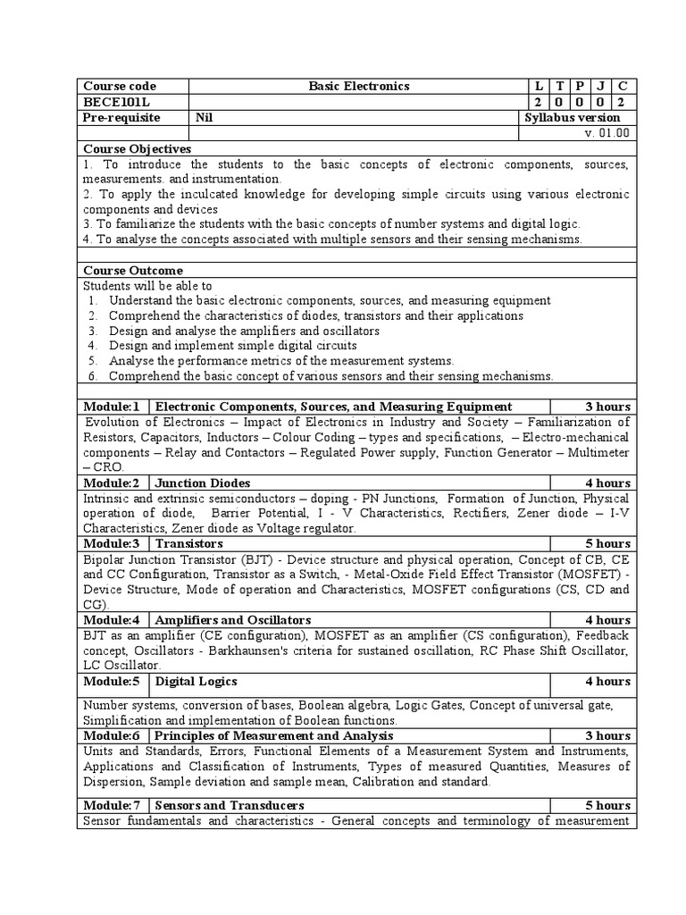 BECE101L Basic-Electronics (Theory) New | PDF | Electronics | Transistor