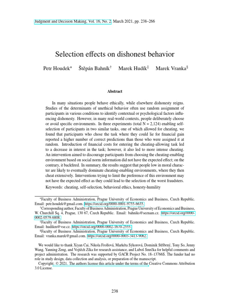 Selection Effects On Dishonest Behavior | PDF | Infidelity | Experiment