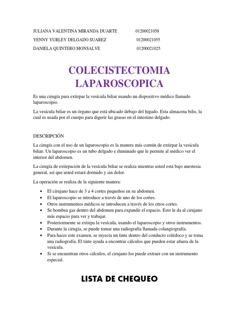 Colecistectomía Laparoscópica: Proceso y Equipos | PDF | Vesícula ...