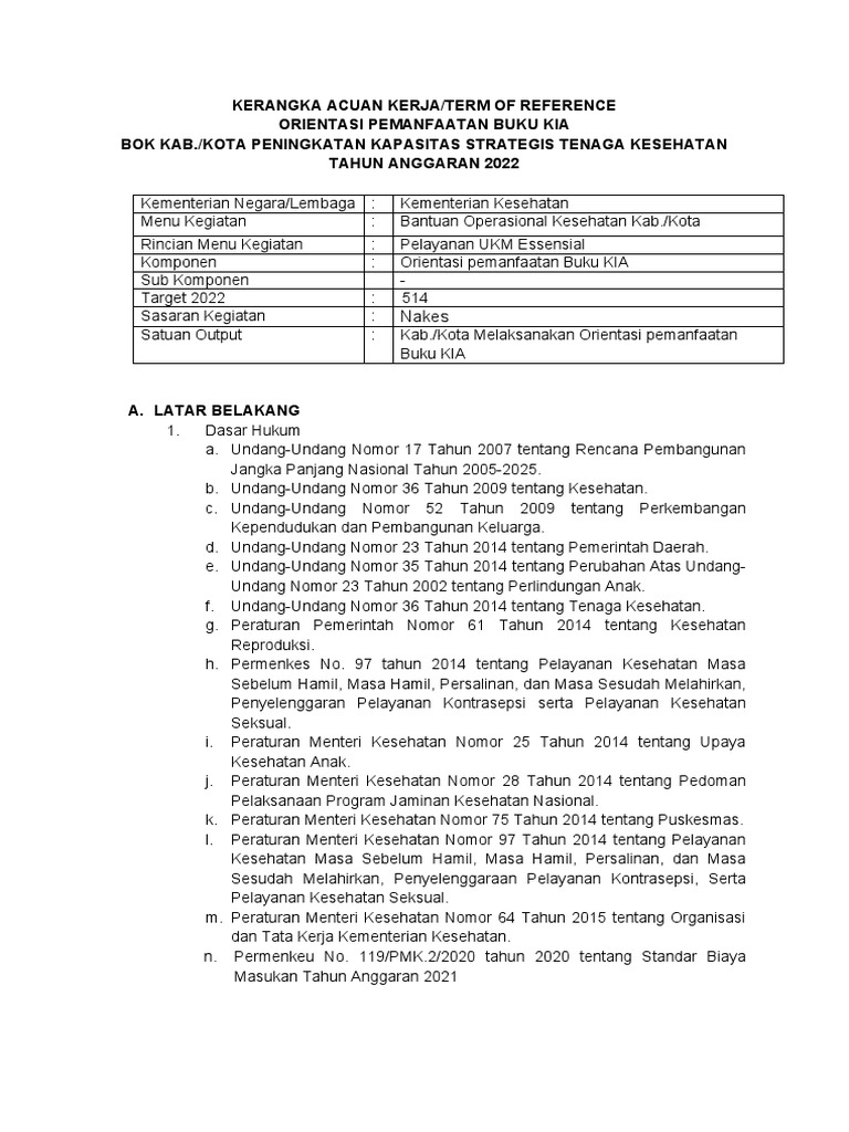 8.ToR BOK Komponen Buku KIA | PDF