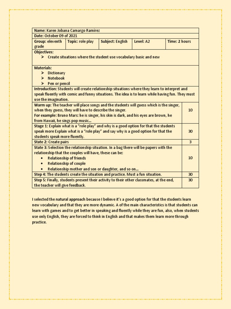 Natural Approach Role Play Lesson Plan | PDF