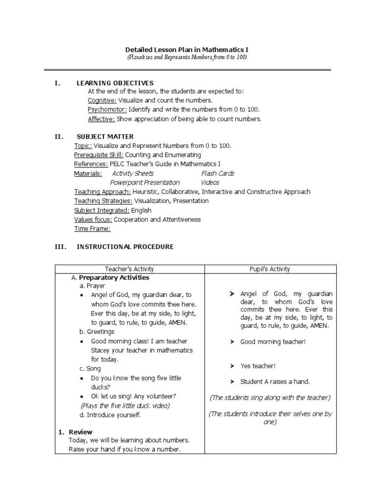 Detailed Lesson Plan in Mathematics I: Activity Sheets Flash Cards ...