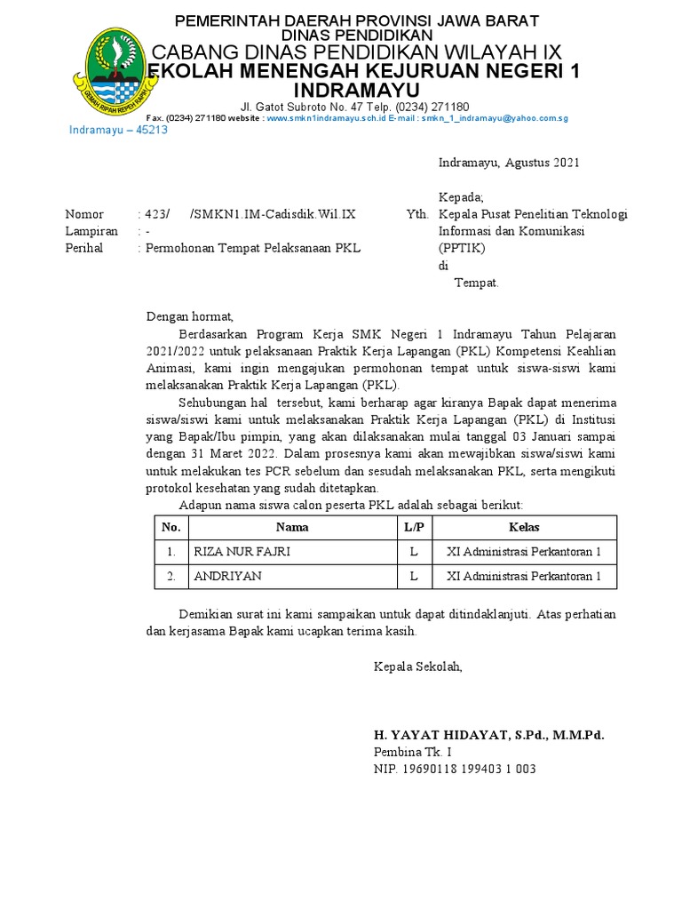 Surat Permohonan PKL 21 - 22 | PDF