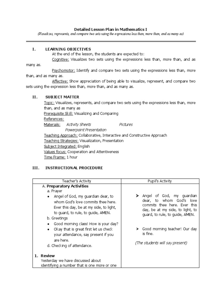 Detailed Lesson Plan in Mathematics I | PDF | Lesson Plan | Cognition