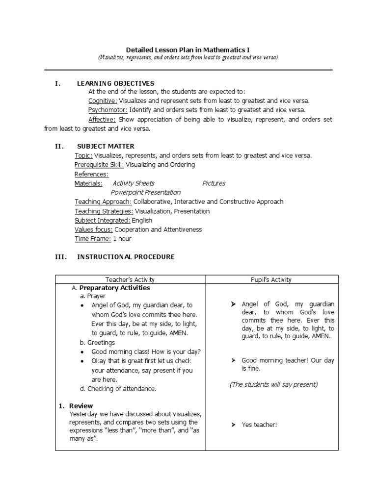Detailed Lesson Plan in Mathematics I: (Visualizes, Represents, and ...