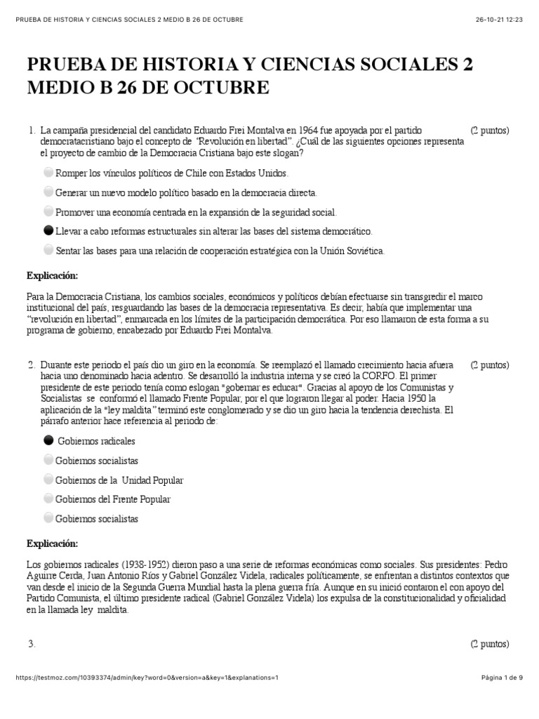 Prueba de Historia y Ciencias Sociales 2 Medio B 26 de Octubre Correccion | PDF | Ideologías ...