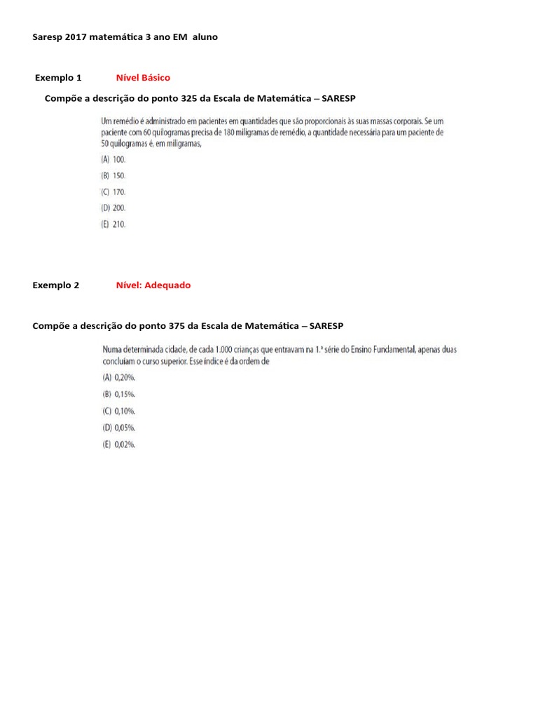 Saresp 2017 Matemática 3 Ano EM Aluno | PDF
