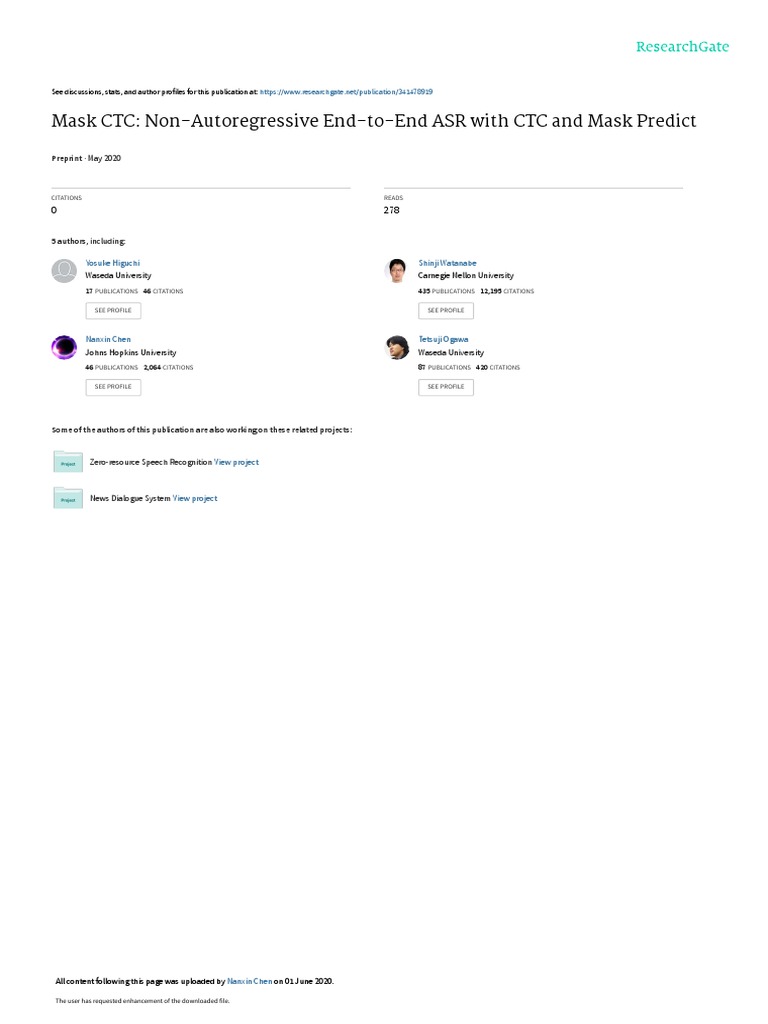 Mask CTC: Non-Autoregressive End-to-End ASR With CTC and Mask Predict | PDF | Speech Recognition ...